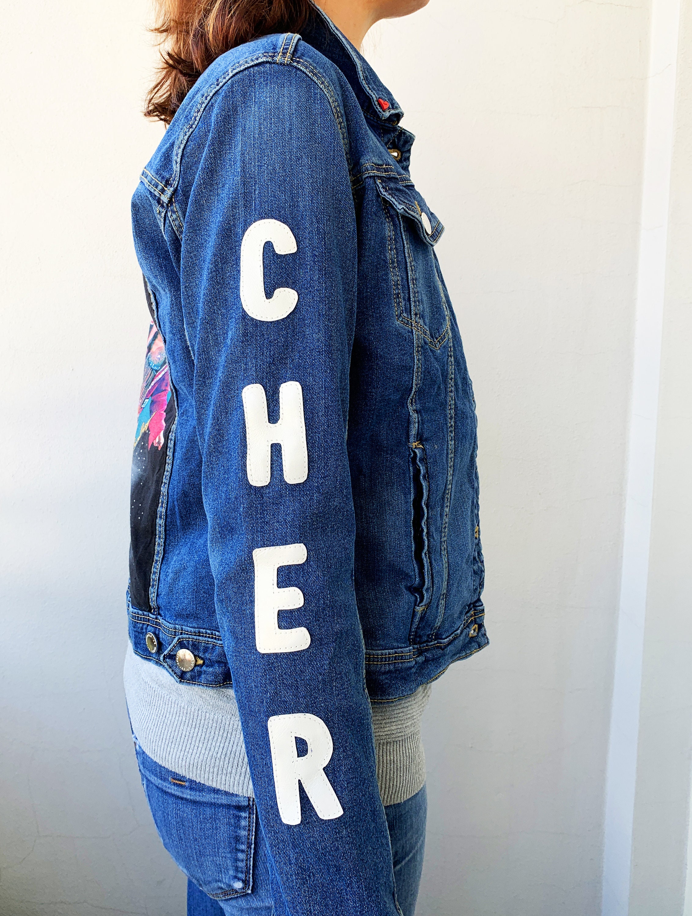 Woman's Denim Jacket -CHER ICON - Side Lettering in Leather Cut and ...