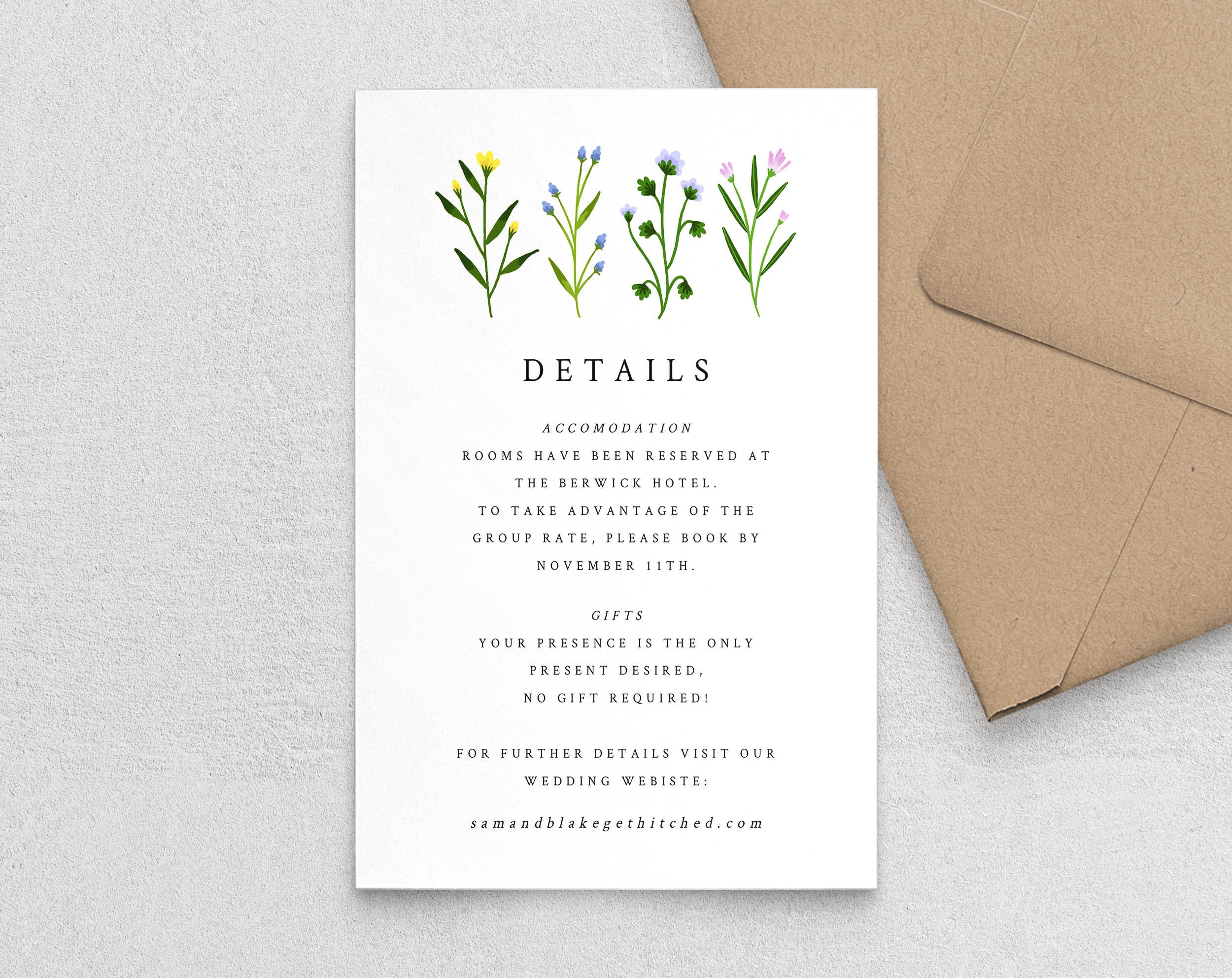 WEDDING DETAILS CARD Template, Printable Wedding Invitation Details ...
