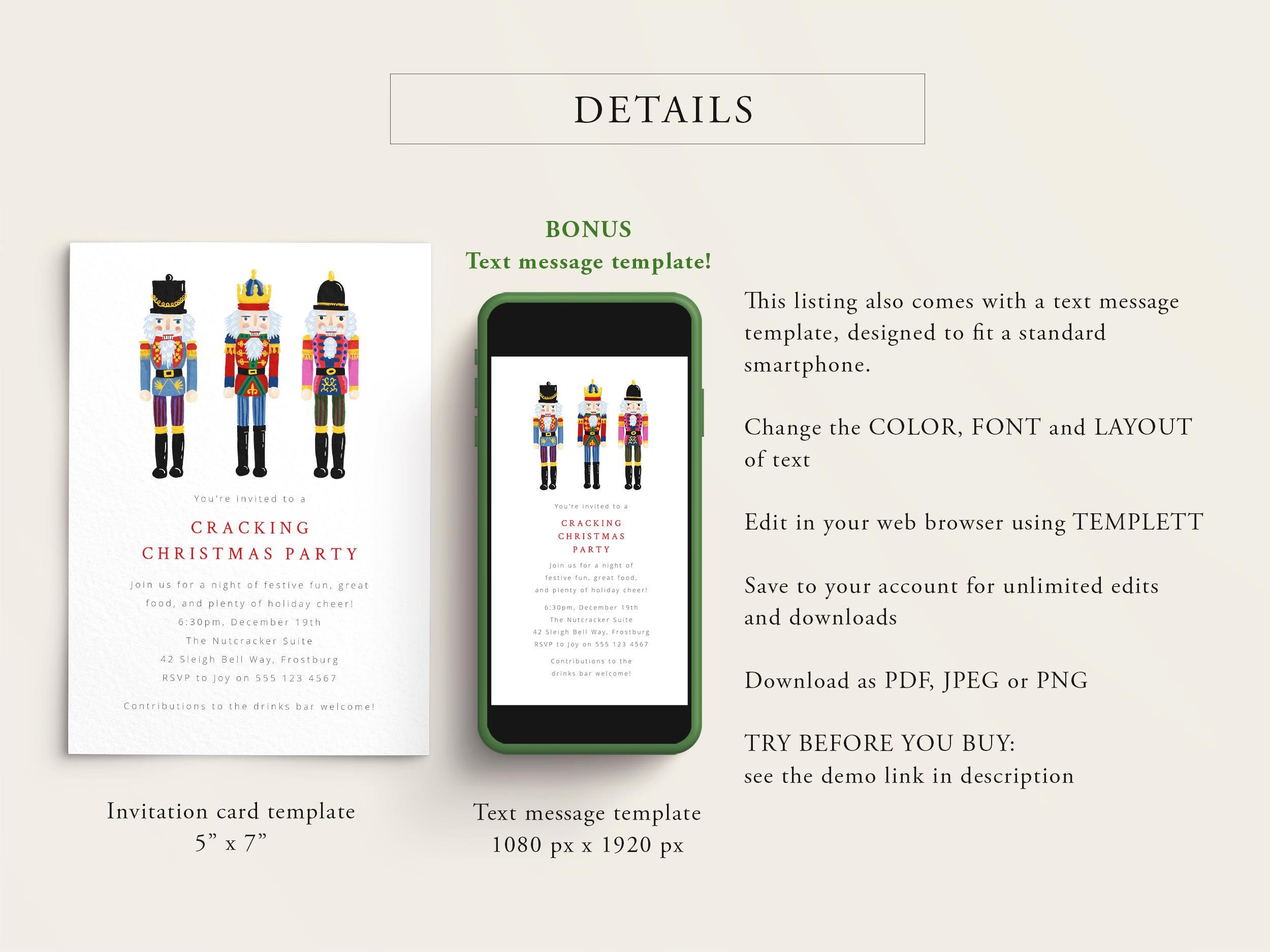 Editable Christmas Party Invitation Template With Nutcracker Ballet ...