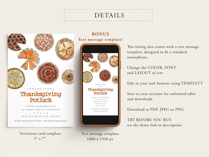 Editable Thanksgiving Invitation Template for Holiday Potluck Party ...