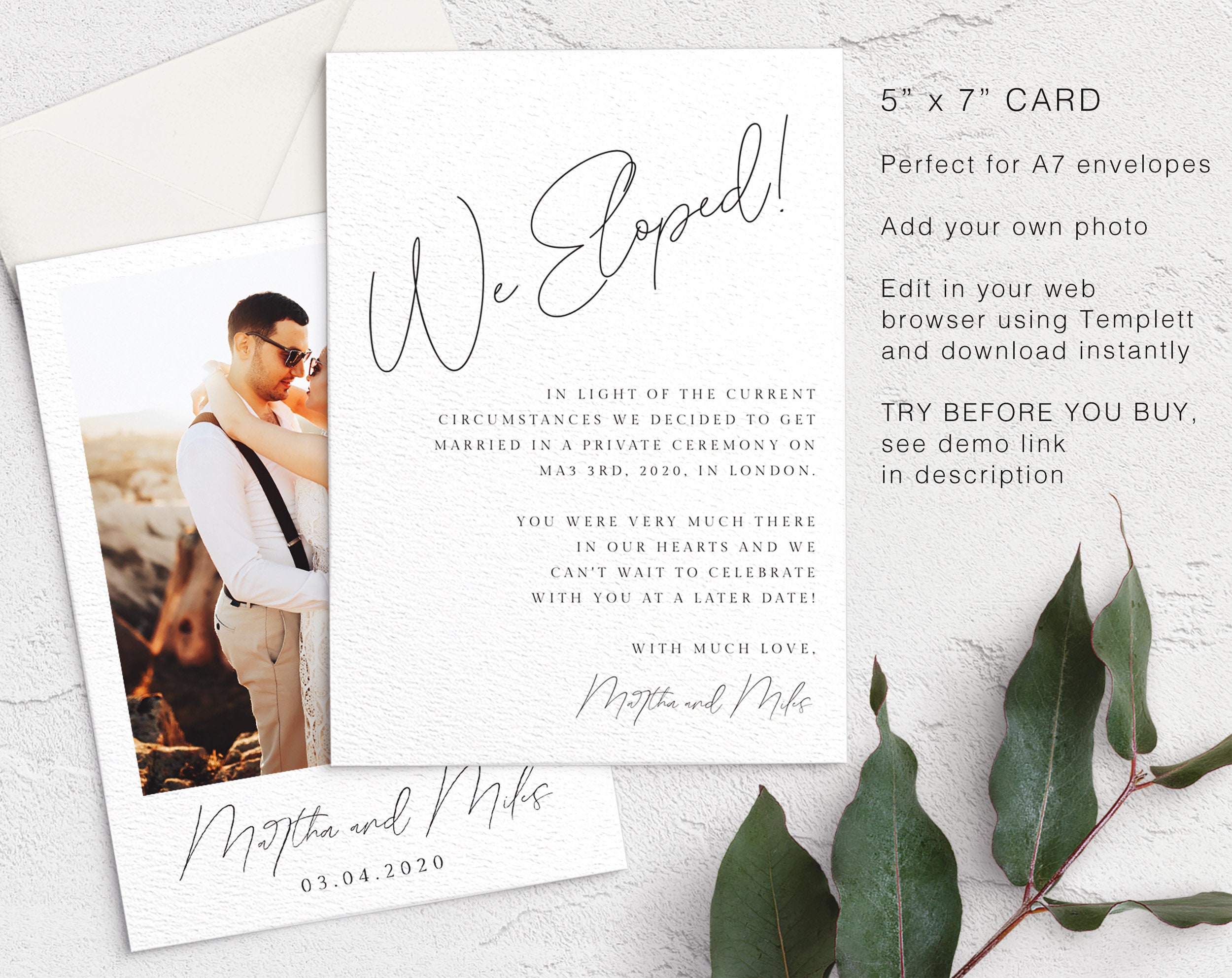Printable Elopement Card And Text Message Template We Eloped | Etsy