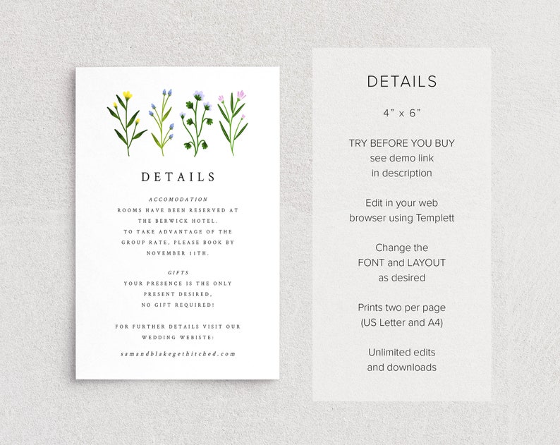 WEDDING DETAILS CARD Template, Printable Wedding Invitation Details ...