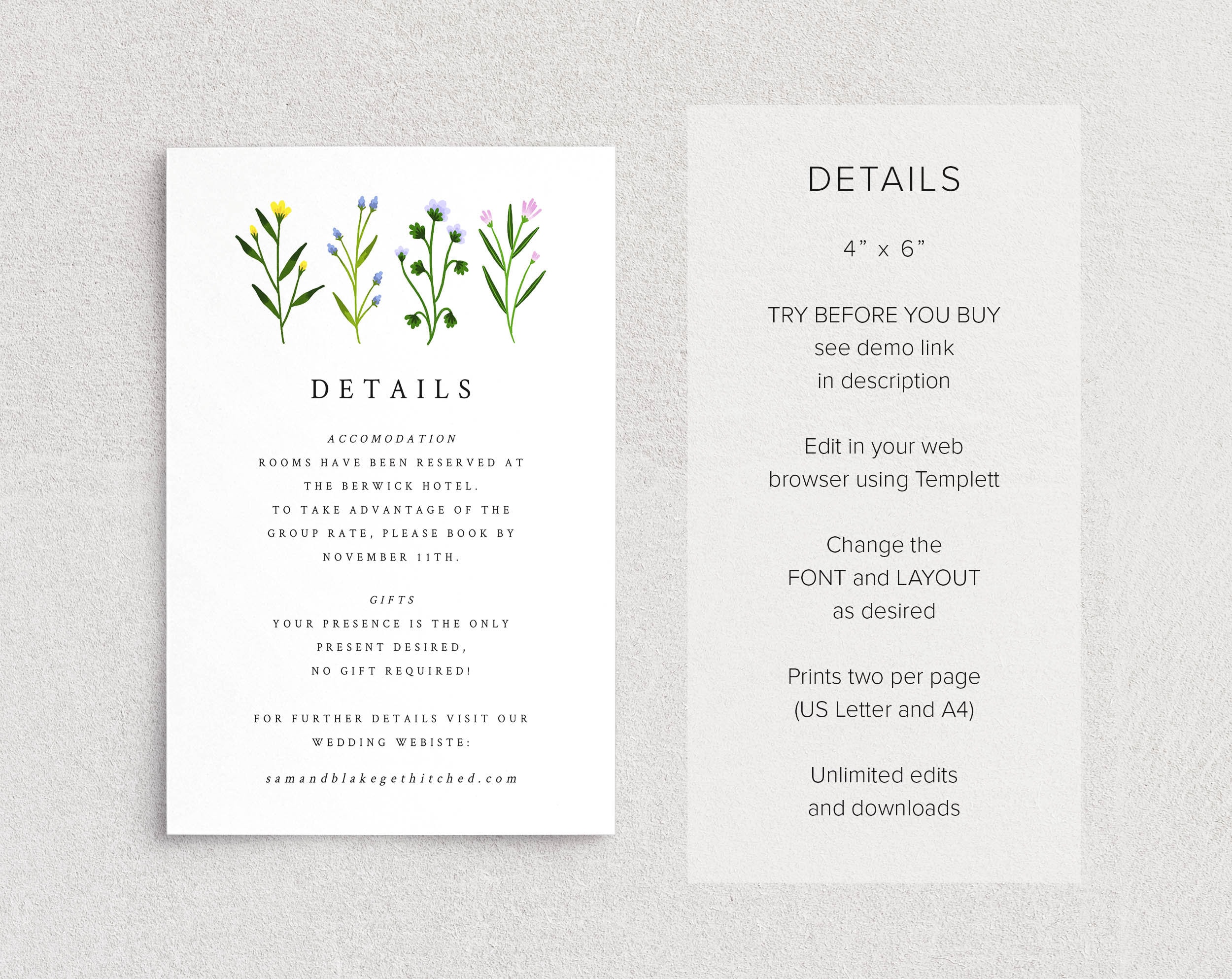 WEDDING DETAILS CARD Template, Printable Wedding Invitation Details ...