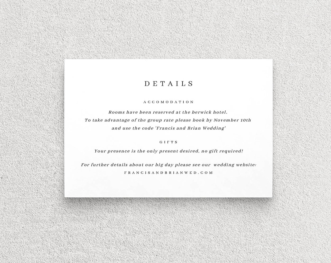 Details Card Template (6x4"), Edit Download and Print at Home, Wedding ...
