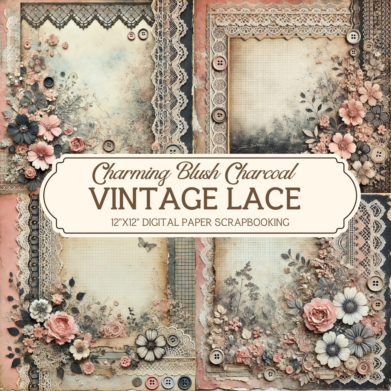 12x12 Vintage Lace Digital Paper Printable, Charming Blush Charcoal ...