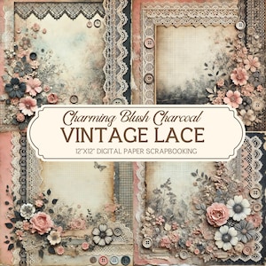 12x12 Vintage Lace Digital Paper Printable, Charming Blush Charcoal ...