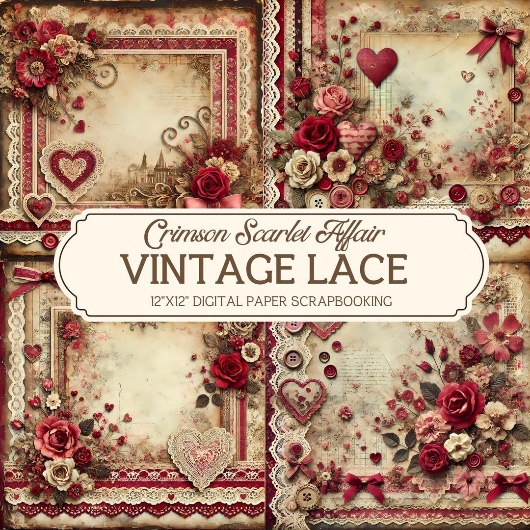 12x12" Vintage Valentines Scrapbook Paper, Crimson Scarlet, Digital ...