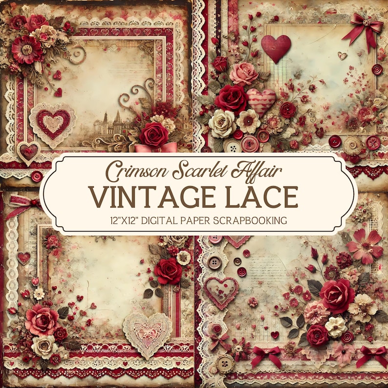 12x12 Vintage Valentines Scrapbook Paper, Crimson Scarlet, Digital Lace ...