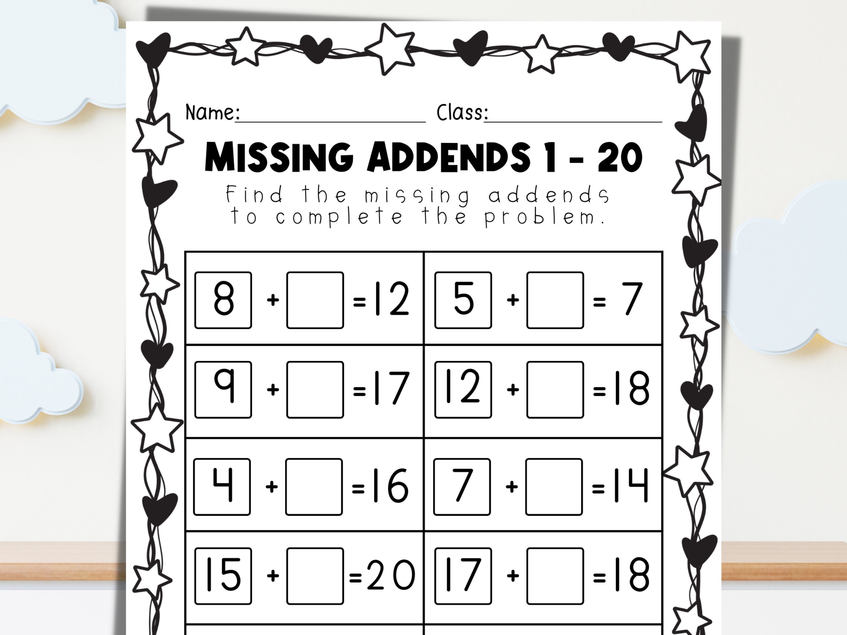 25 Printable Missing Addends 1 - 20 Practice Worksheet, Math Numbers ...