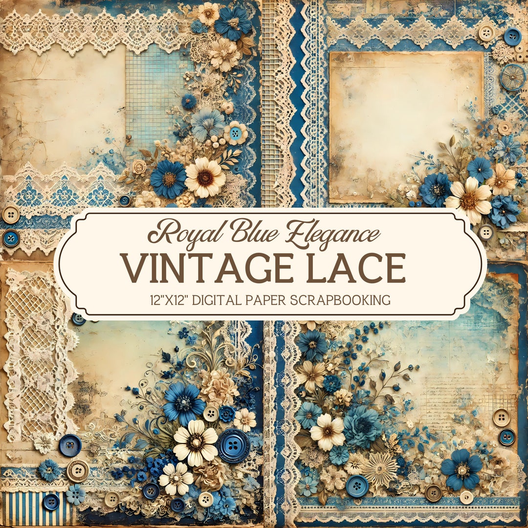 12x12 Vintage Lace Digital Paper Printable, Royal Blue Elegance, Lace ...