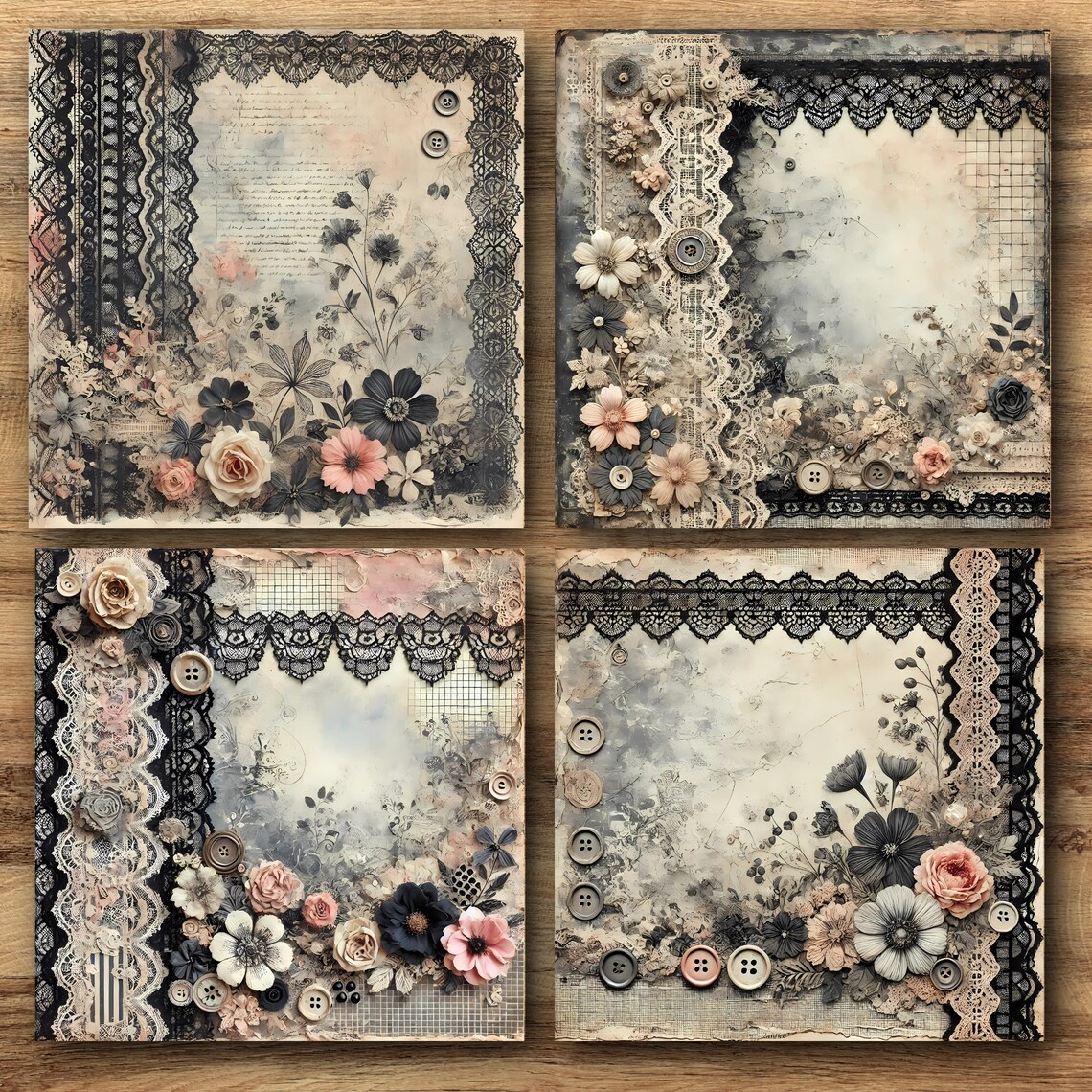 12x12 Vintage Lace Digital Paper Printable, Charcoal Blush Elegance ...