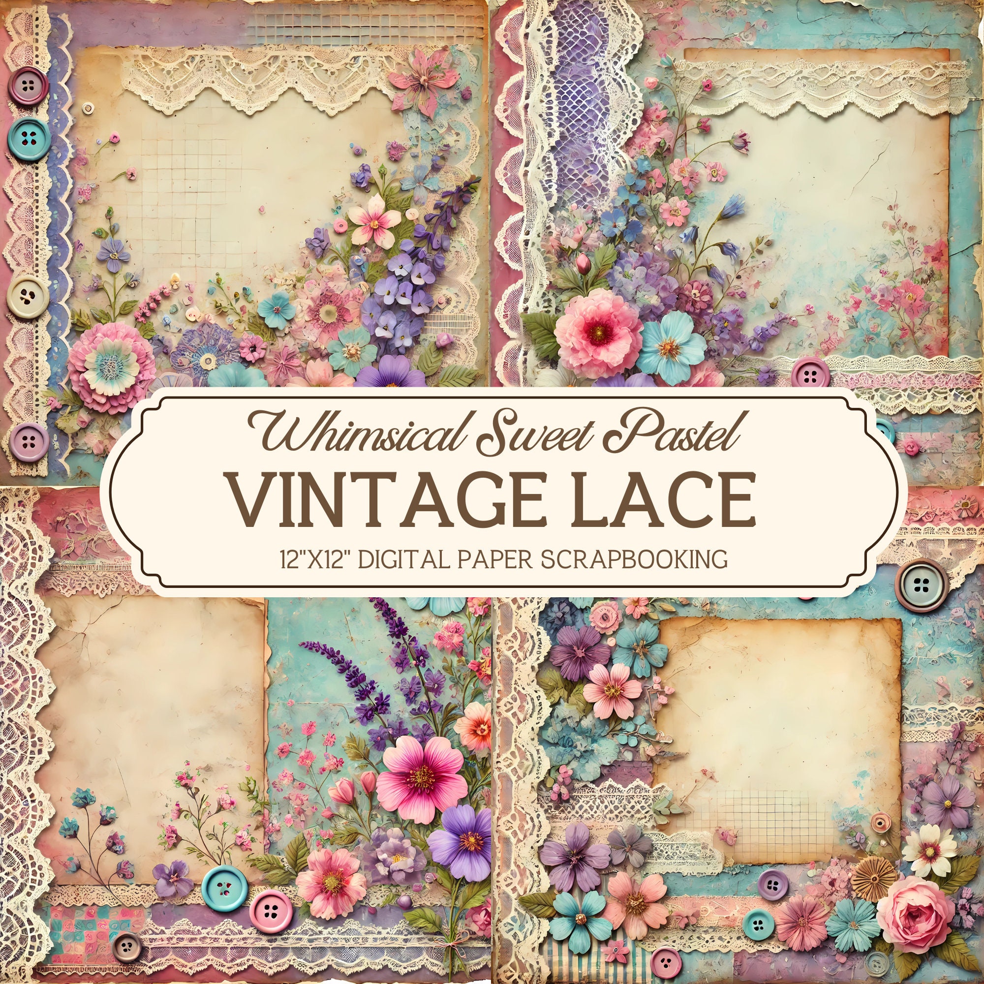 12x12 Vintage Lace Digital Paper Printable, Whimsical Sweet Pastel ...