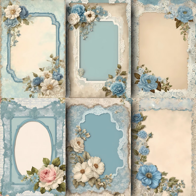 A4 Vintage Lace Frame Digital Paper Printable, Shabby Chic Sweet Blue ...