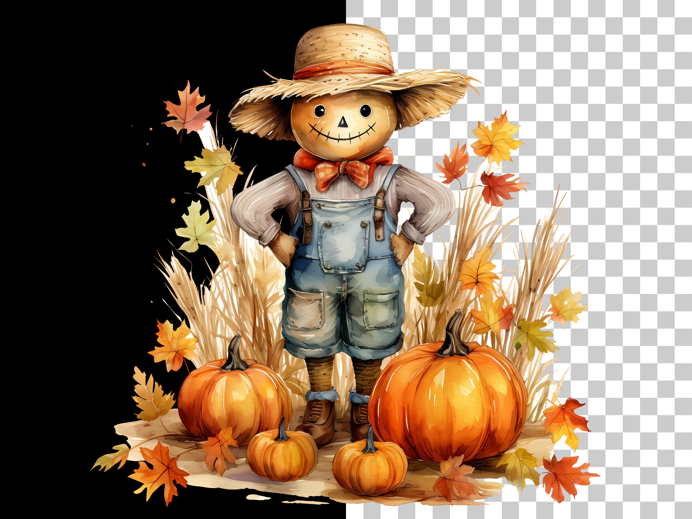 10 PNG Watercolor Fall Scarecrow Pumpkins Clipart Bundle - Commercial ...