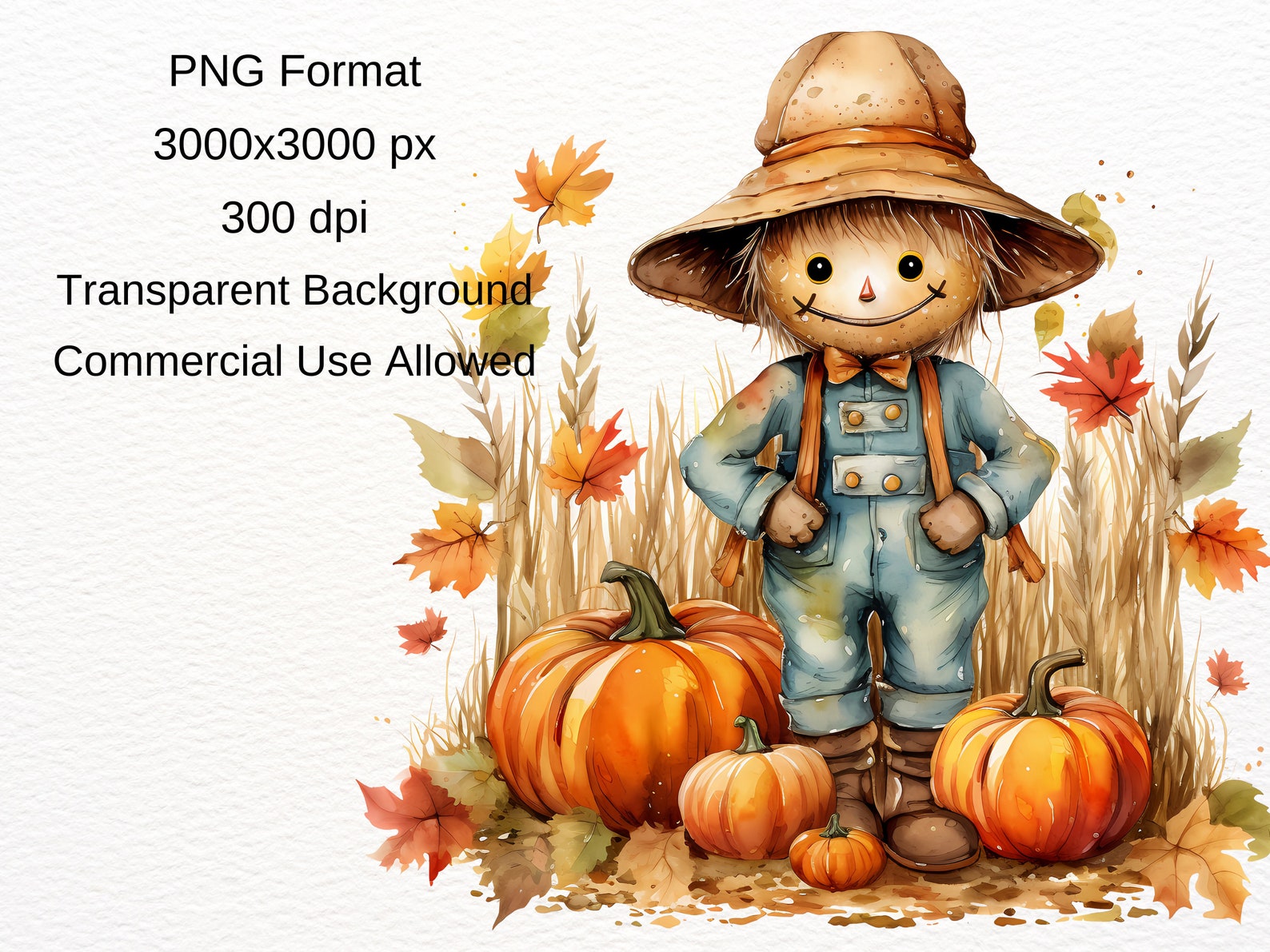10 PNG Watercolor Fall Scarecrow Pumpkins Clipart Bundle - Commercial ...