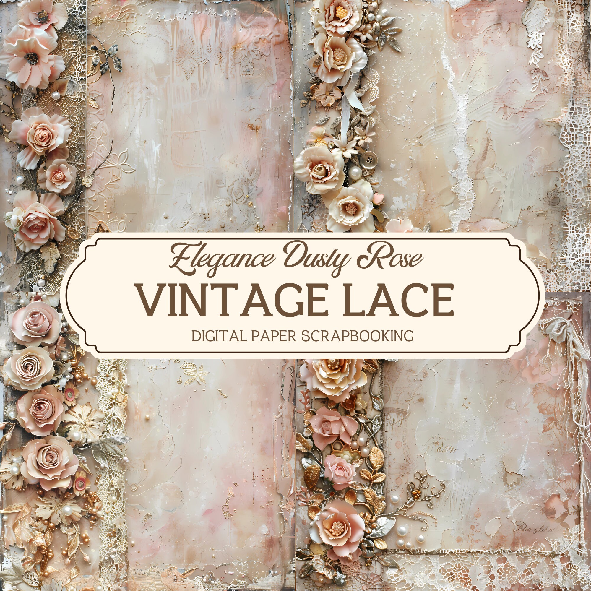 Vintage Lace Digital Paper Printable, Elegance Dusty Rose, Flower Lace ...