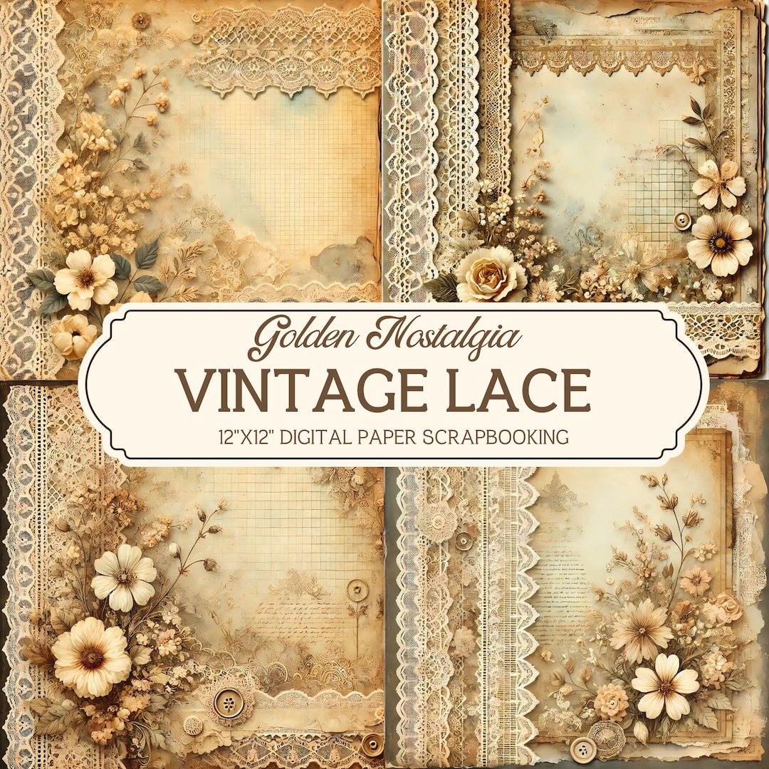 12x12" Vintage Lace Digital Paper Printable, Golden Nostalgia, Lace ...