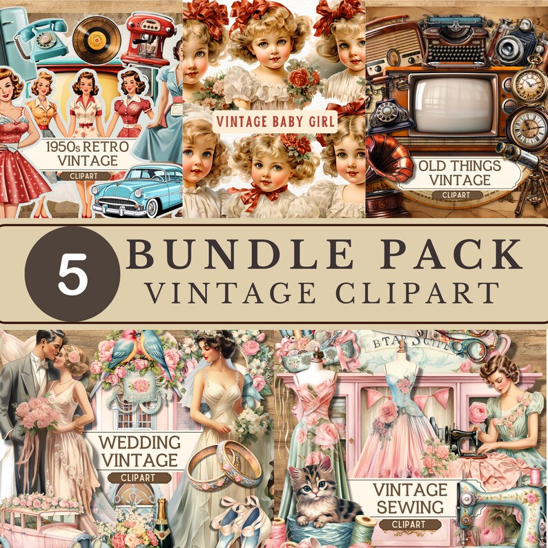5 Bundle Pack, Vintage PNG Clipart Bundle, Retro, Vintage Ephemera ...