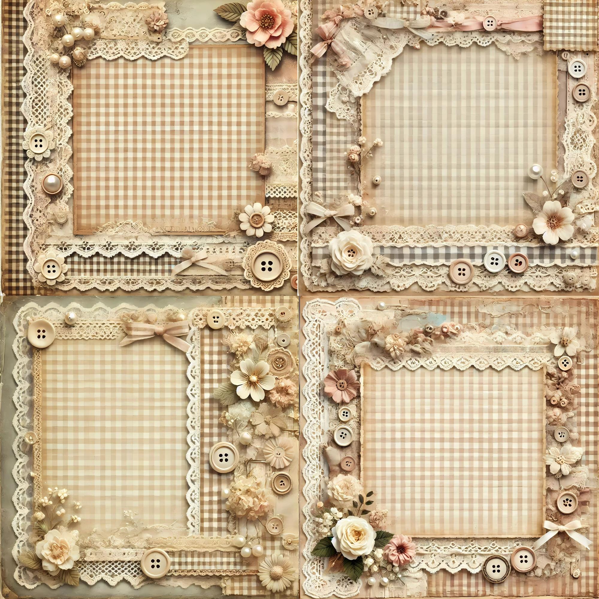 12x12" Vintage Lace Digital Scrapbook Paper, Creamy Beige Gingham ...