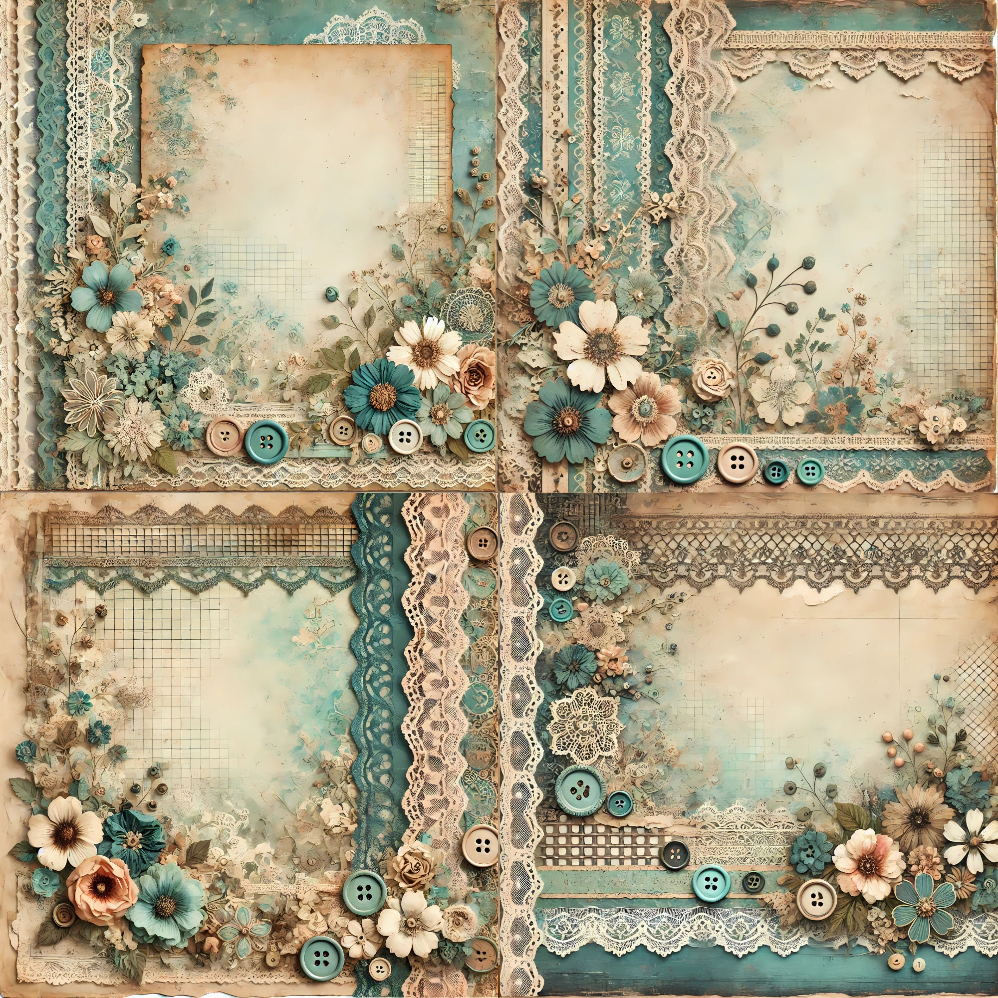 12x12 Vintage Lace Digital Paper Printable, Nostalgia Muted Teal, Lace ...