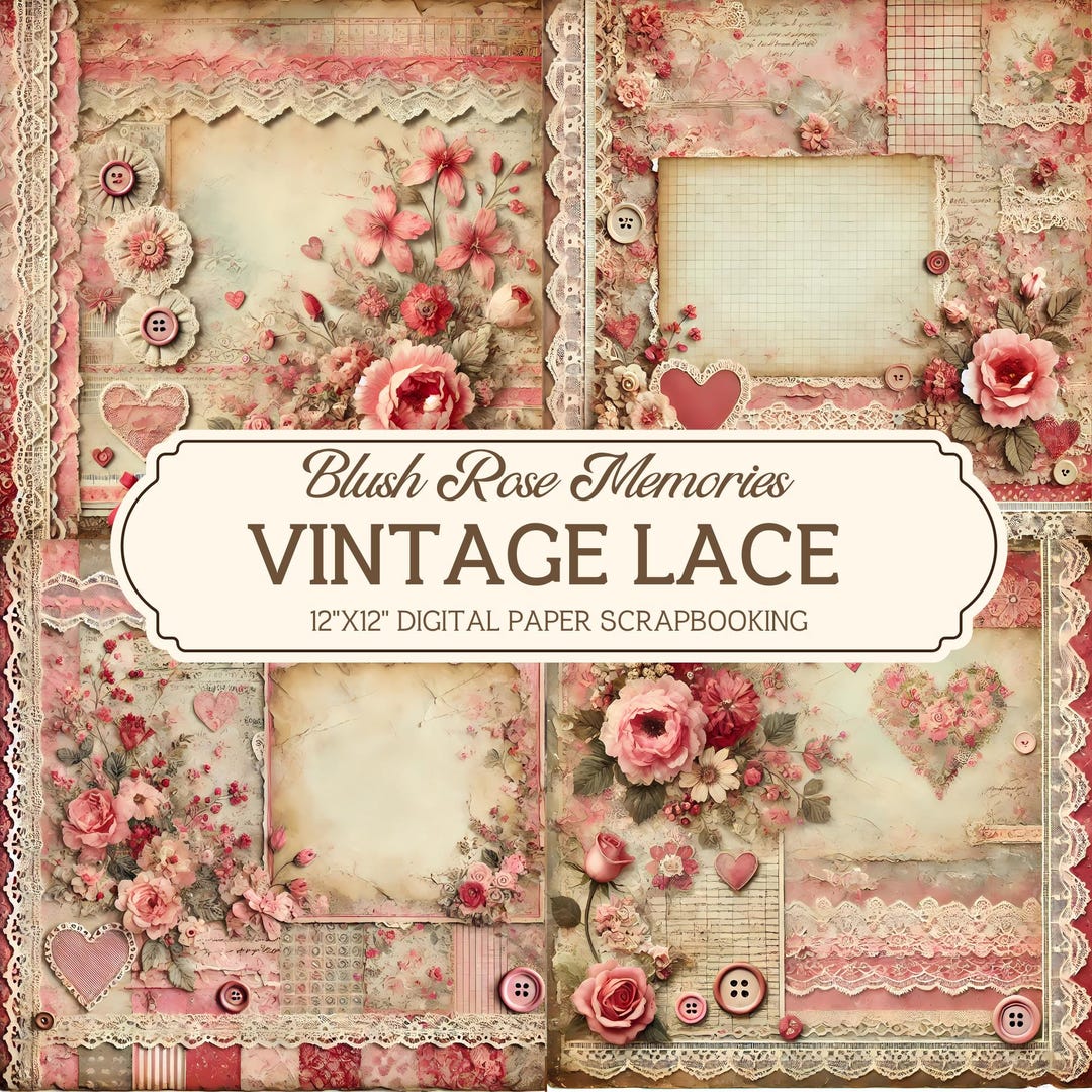 12x12" Vintage Valentines Scrapbook Paper, Blush Rose Memories, Digital ...