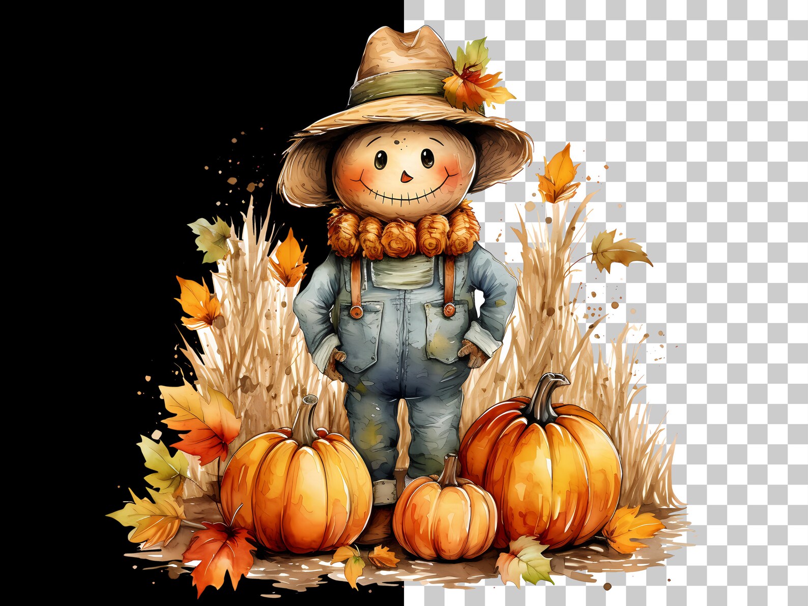 10 PNG Watercolor Fall Scarecrow Pumpkins Clipart Bundle - Commercial ...