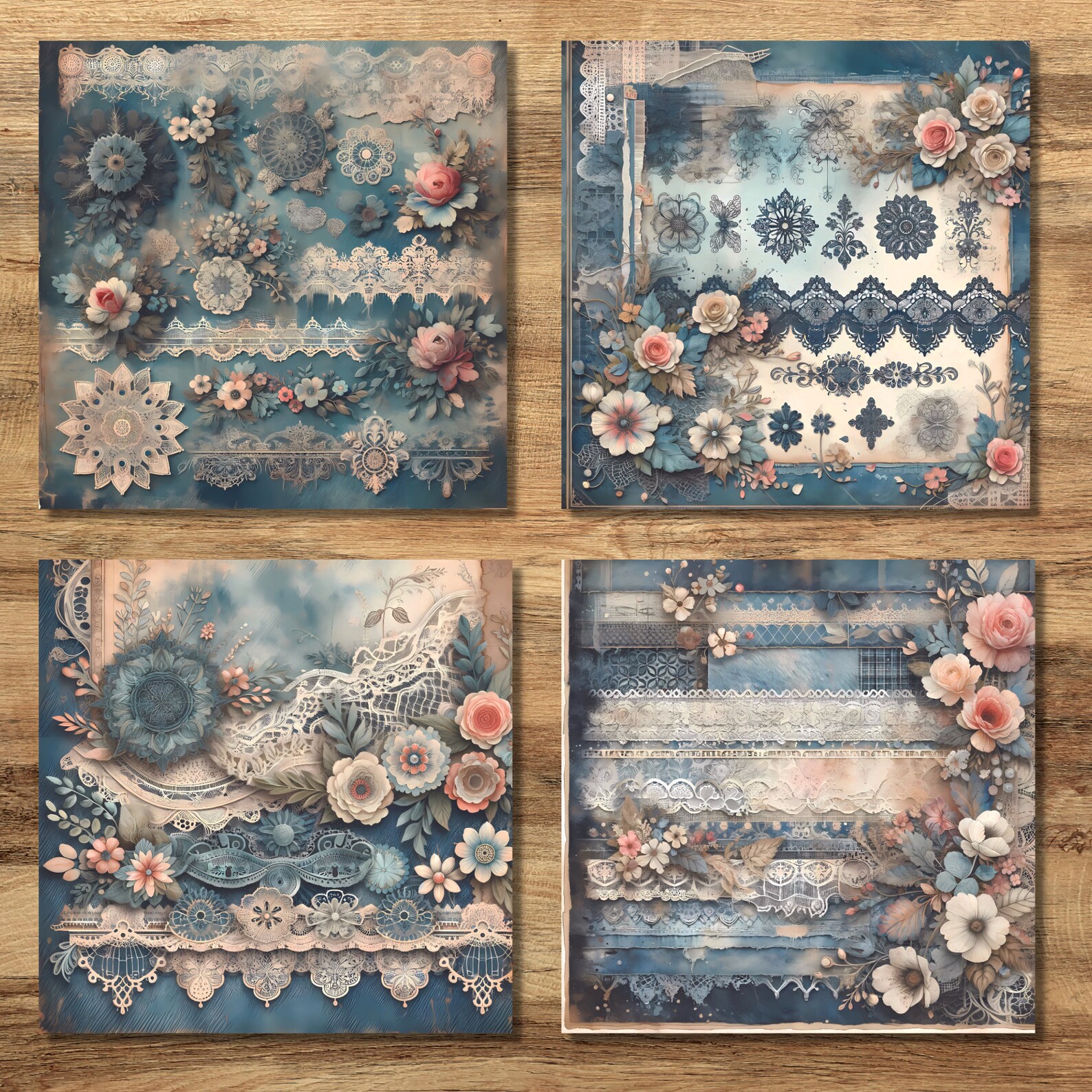 Vintage Lace Digital Paper Printable, Blue Florals, Victorian, Lace ...