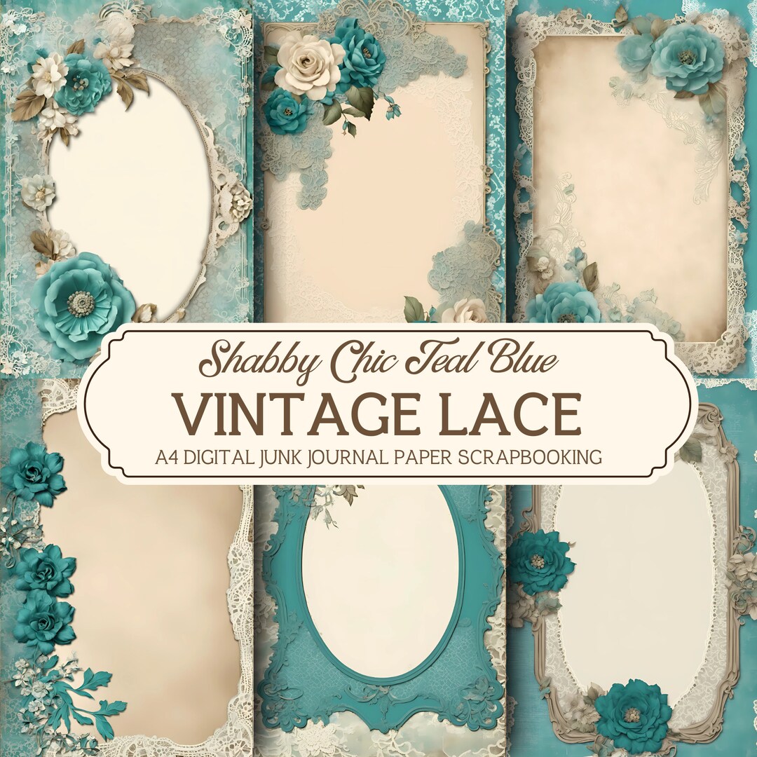A4 Vintage Lace Frame Digital Paper Printable, Shabby Chic Teal Blue ...
