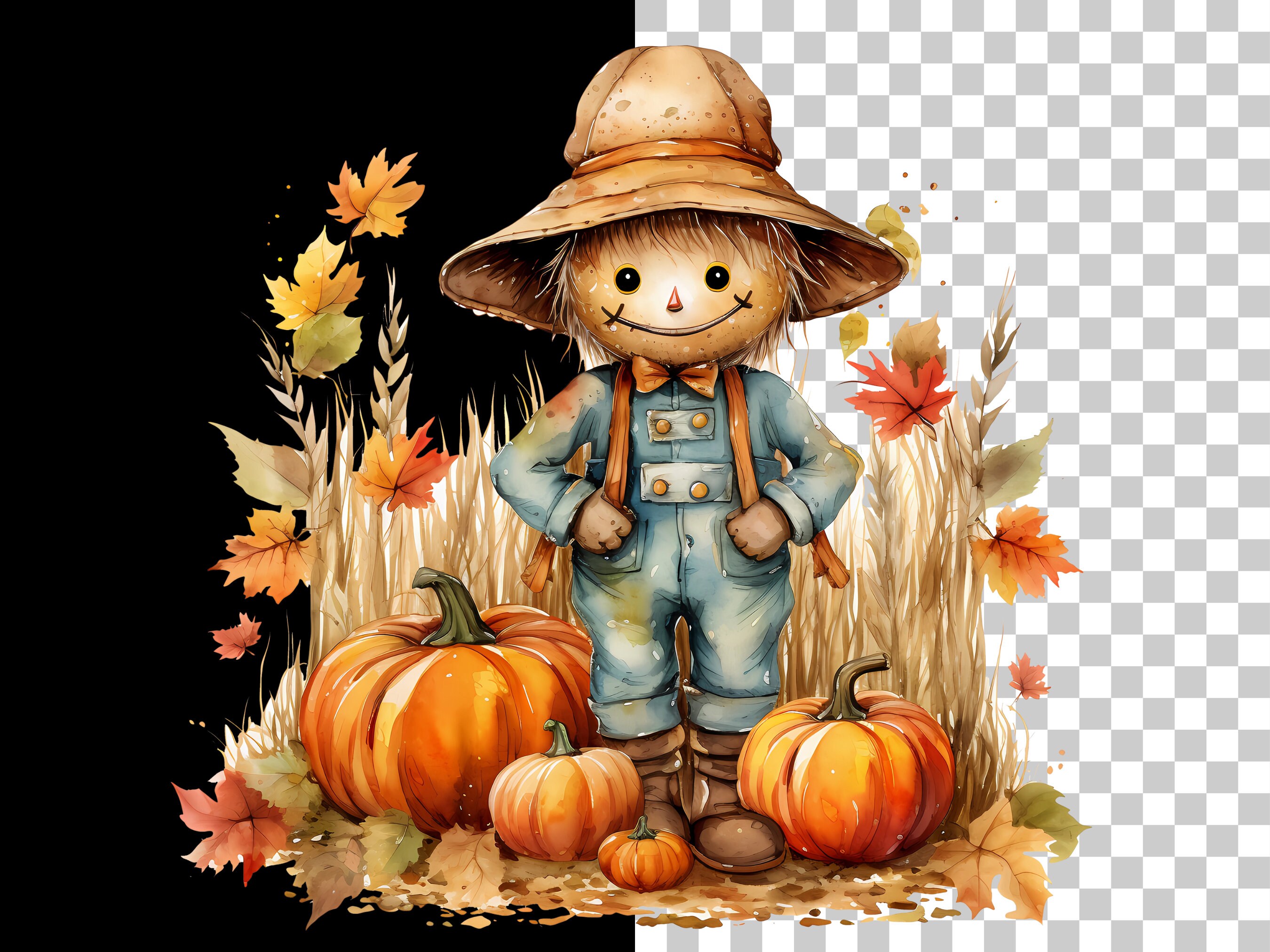 10 PNG Watercolor Fall Scarecrow Pumpkins Clipart Bundle - Commercial ...