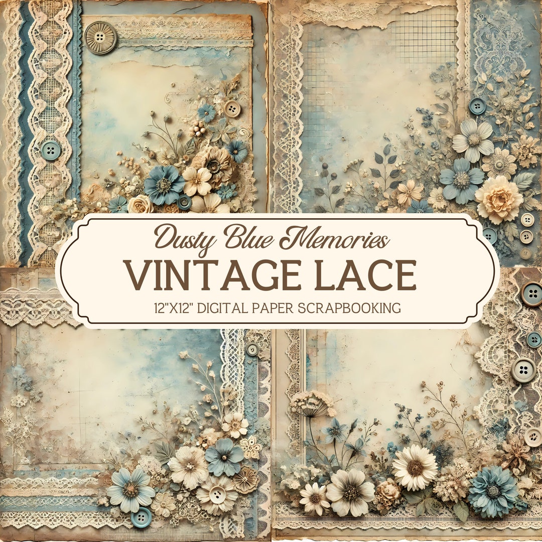 12x12 Vintage Lace Digital Paper Printable, Dusty Blue Memories, Lace ...