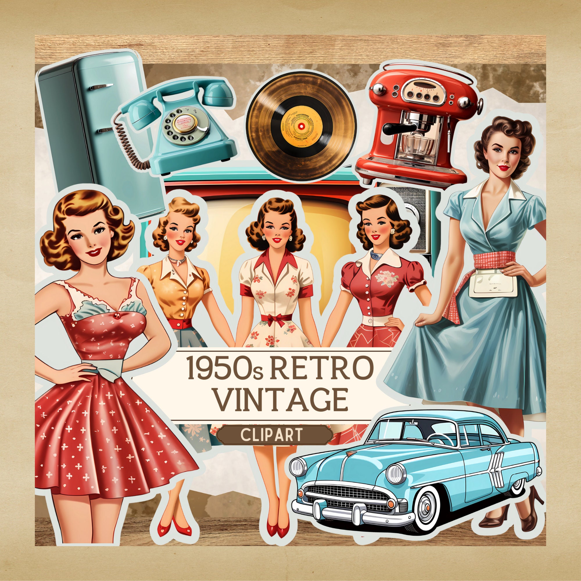 Vintage Clipart Bundle: Retro 1950s Ephemera, Scrapbooking (digital ...