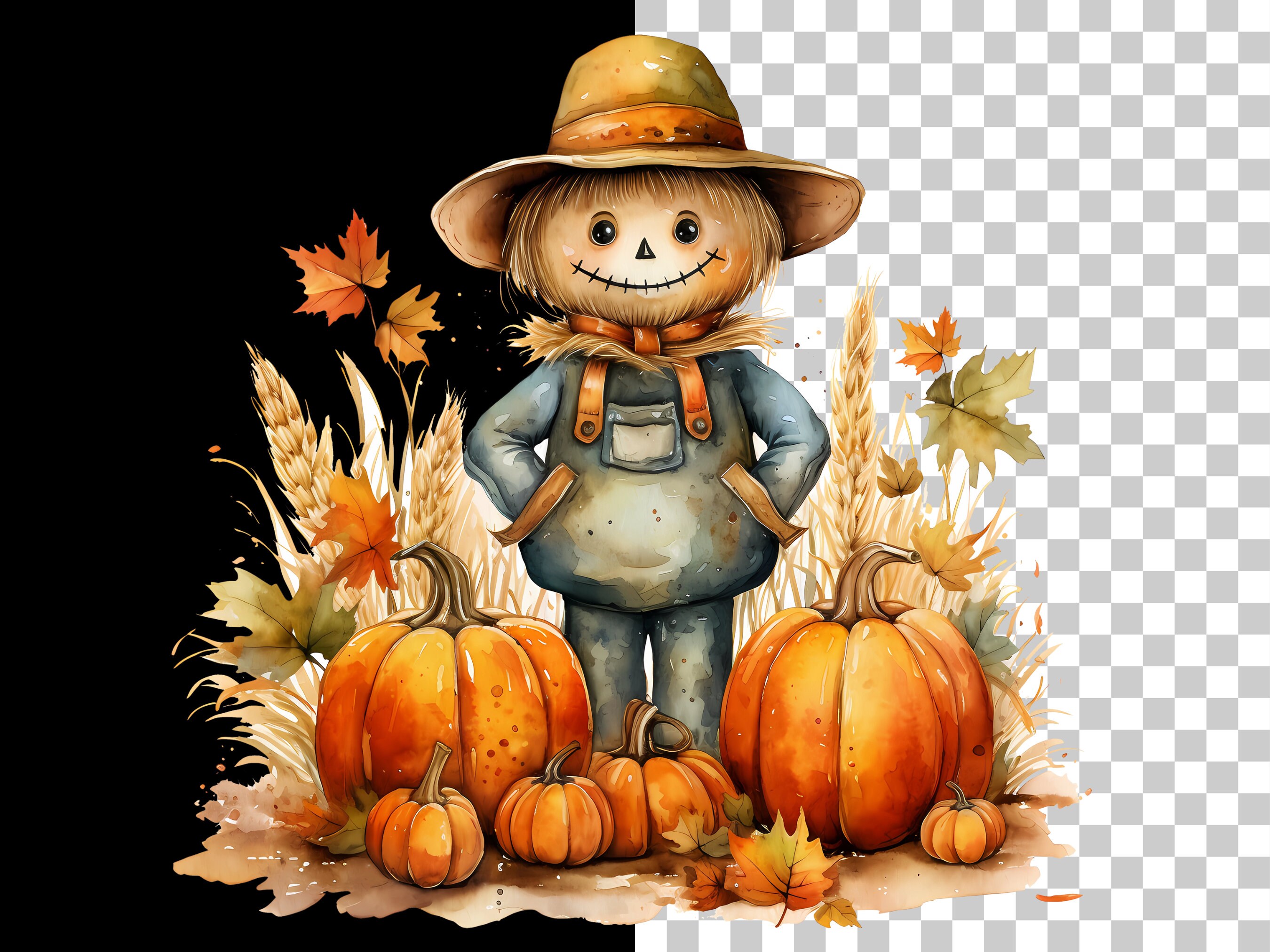 10 PNG Watercolor Fall Scarecrow Pumpkins Clipart Bundle - Commercial ...