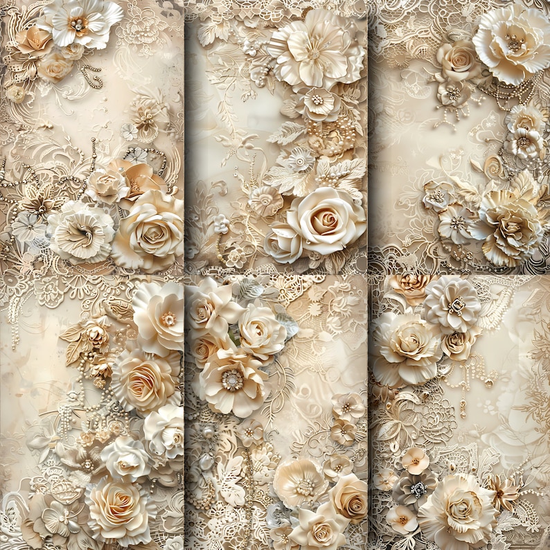 A4 Vintage Lace Digital Paper Printable, Elegance Ivory Gold, Lace ...