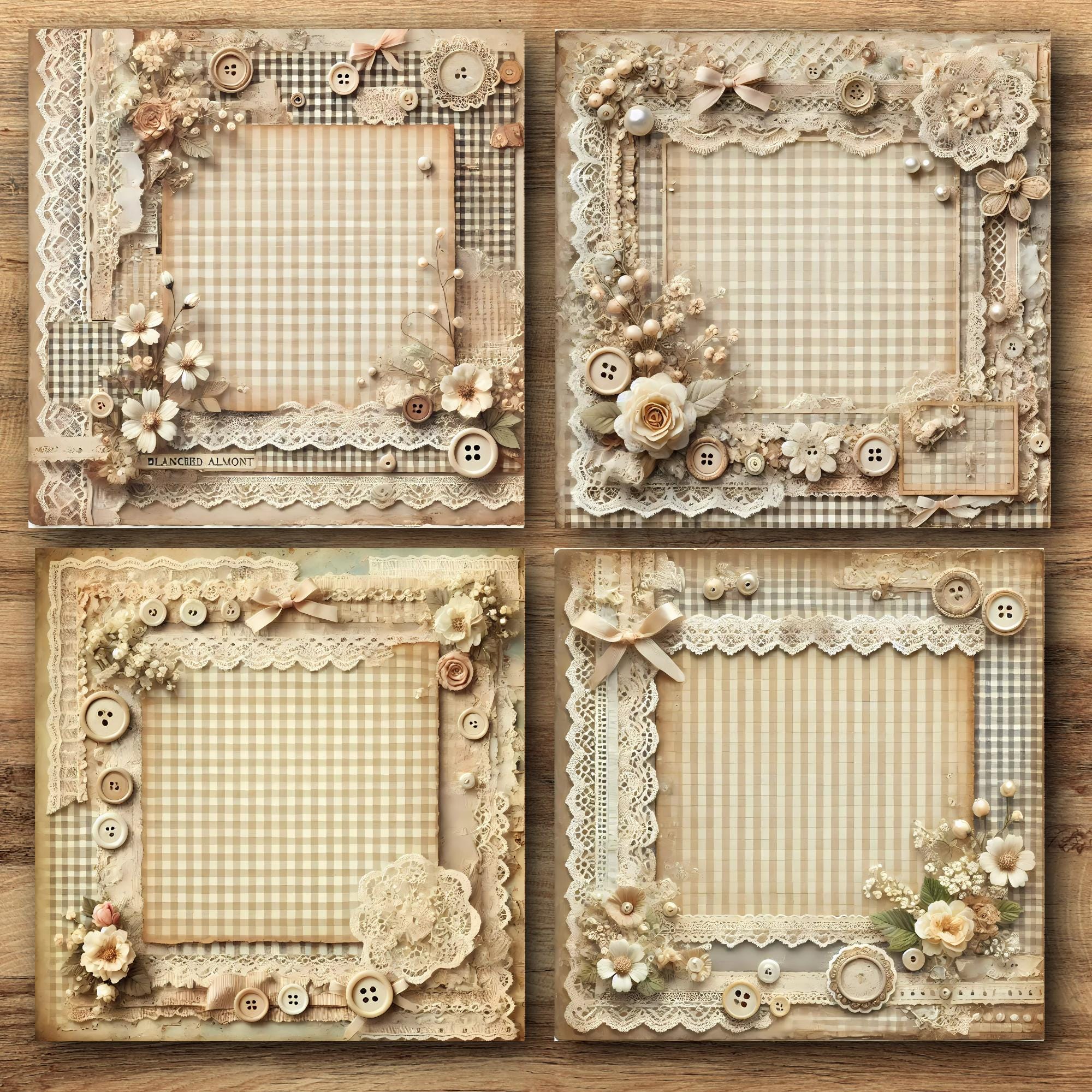 12x12" Vintage Lace Digital Scrapbook Paper, Creamy Beige Gingham ...