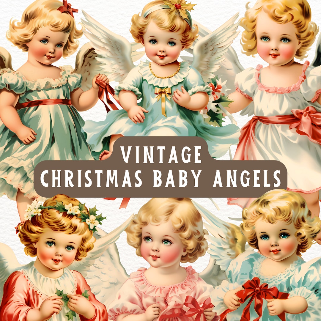 Vintage Christmas Baby Angels Clipart: Retro Ephemera PNG Bundle ...