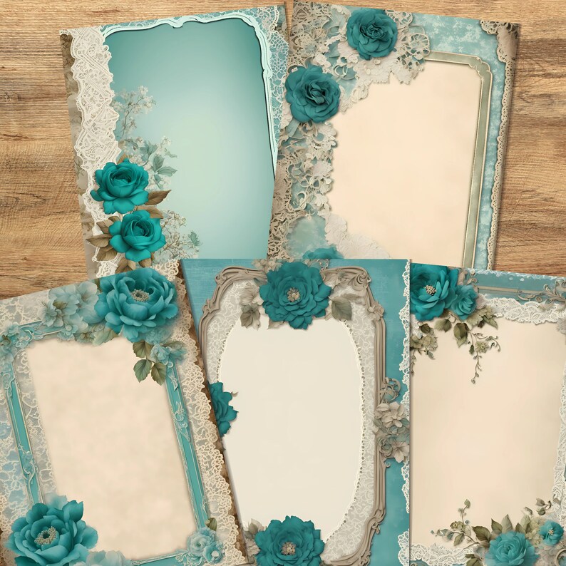 A4 Vintage Lace Frame Digital Paper Printable, Shabby Chic Teal Blue ...