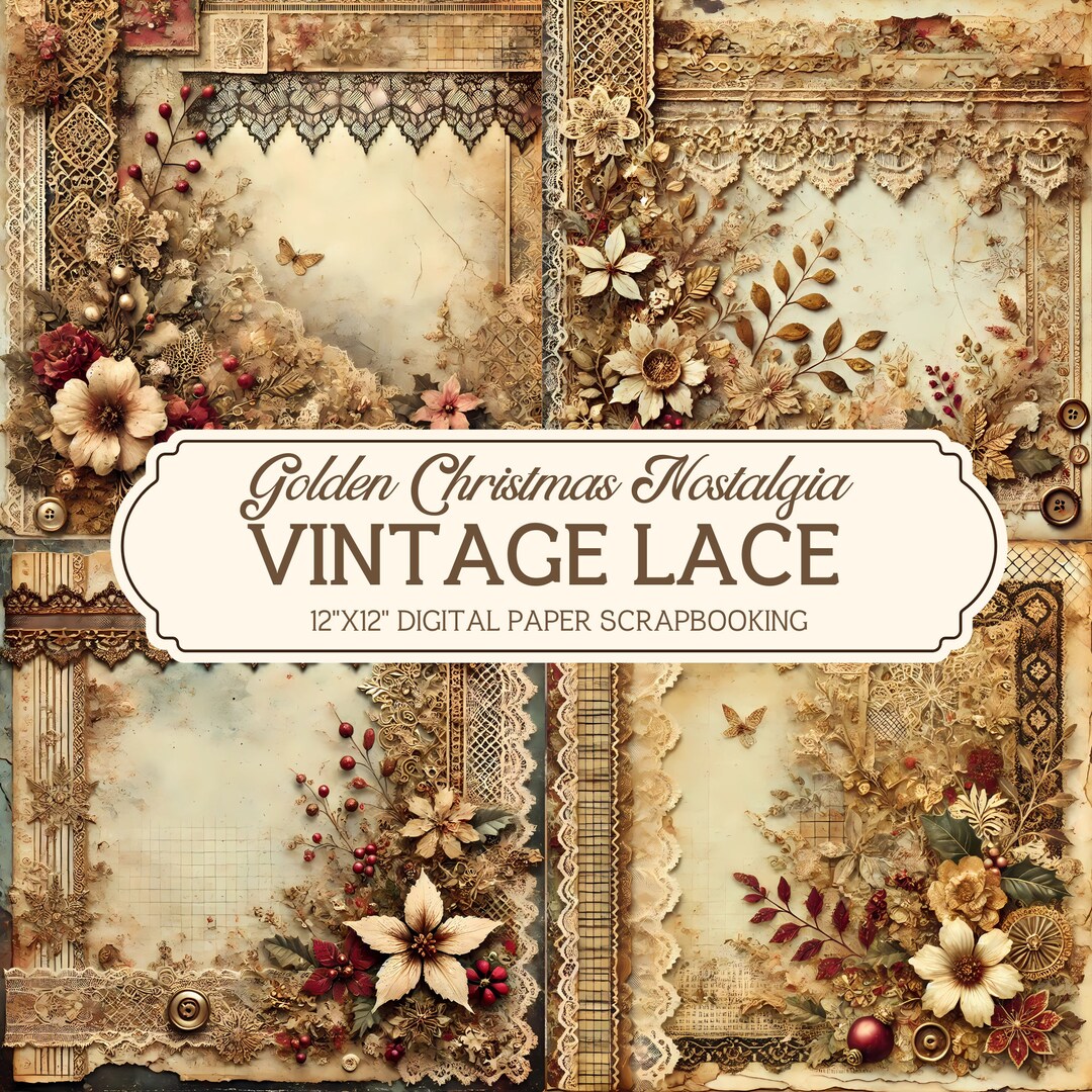 Vintage Christmas Scrapbook Paper: Golden Lace, Floral (digital ...