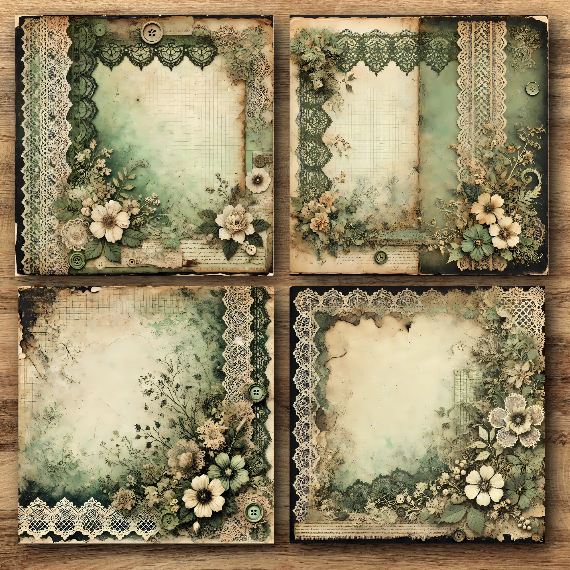 12x12 Vintage Lace Digital Paper Printable, Eerie Green, Lace Scrapbook ...