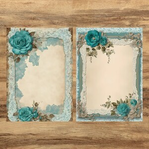 A4 Vintage Lace Frame Digital Paper Printable, Shabby Chic Teal Blue ...