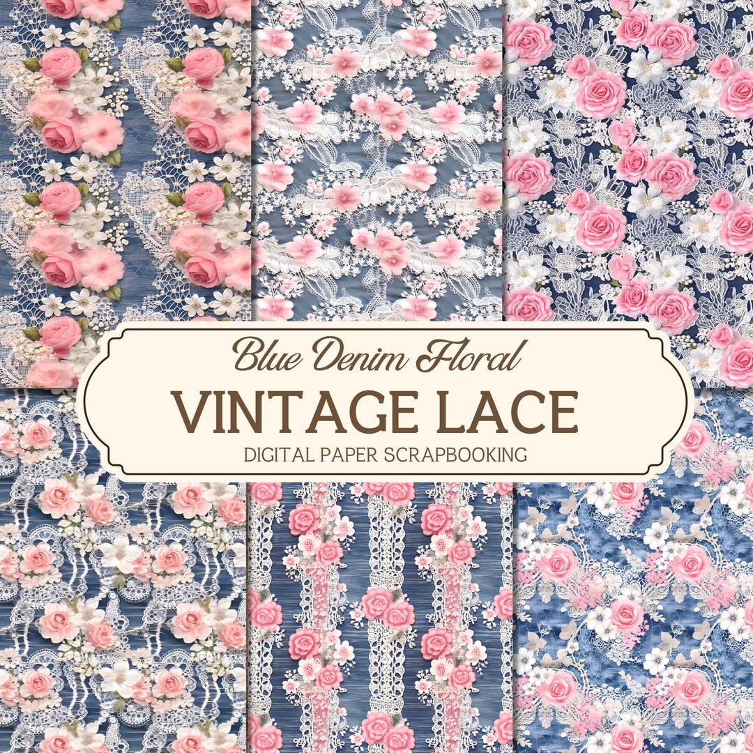 A4 Vintage Lace Digital Paper Printable, Blue Denim, Victorian, Lace ...