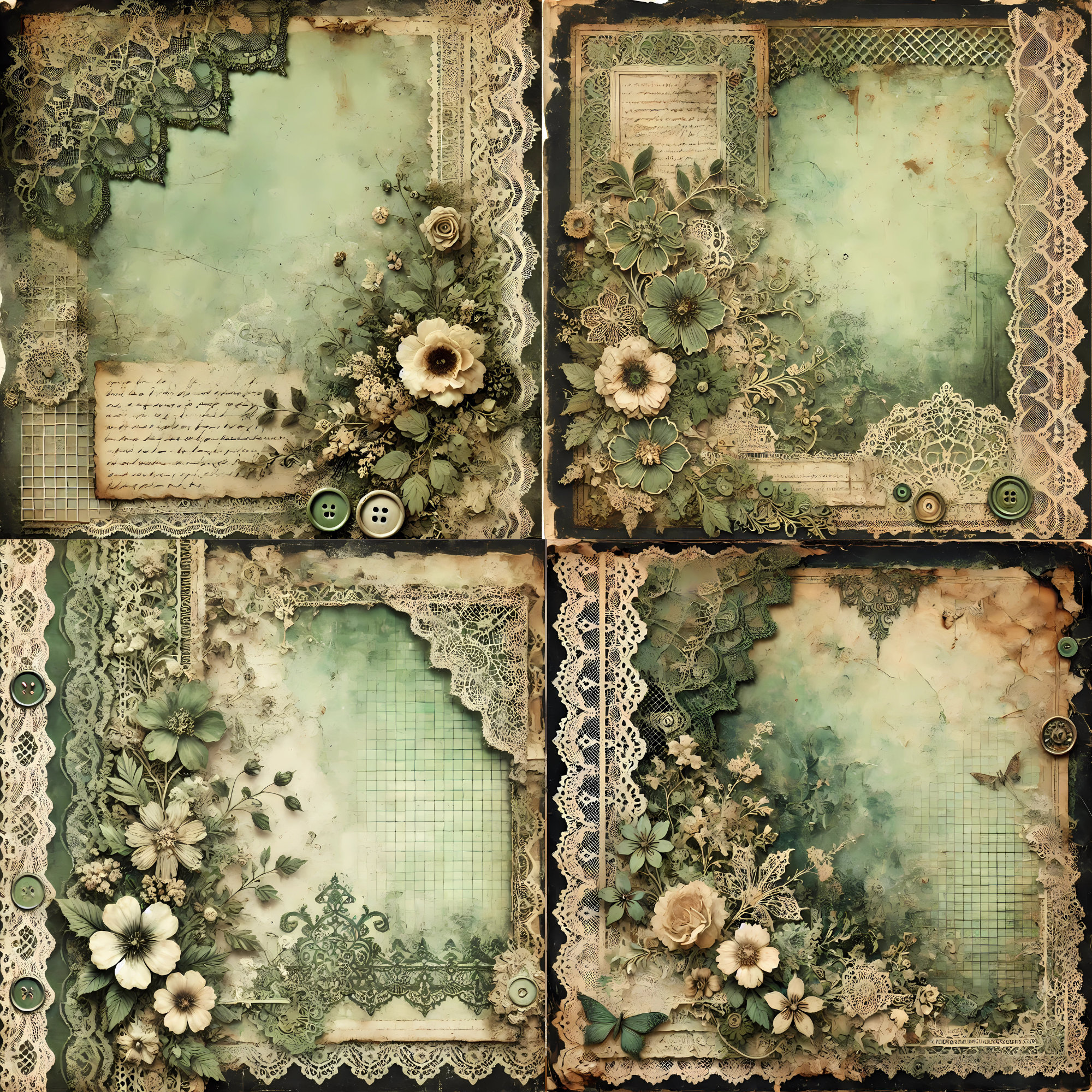 12x12" Vintage Lace Digital Paper Printable, Eerie Green, Lace ...