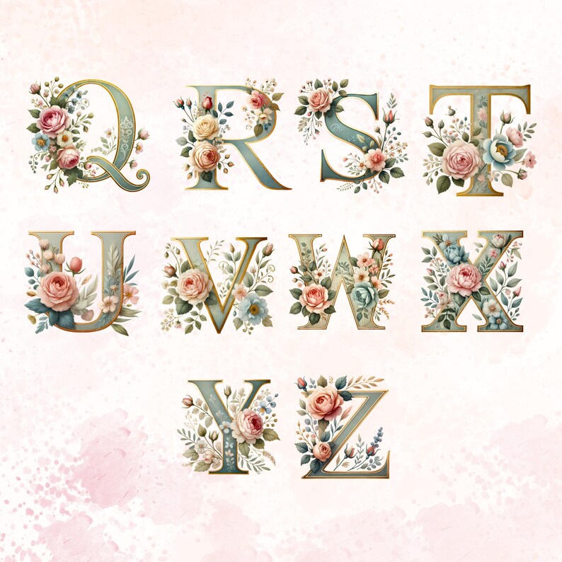 Vintage Floral Watercolor Alphabet Clipart: PNG Letters (digital ...