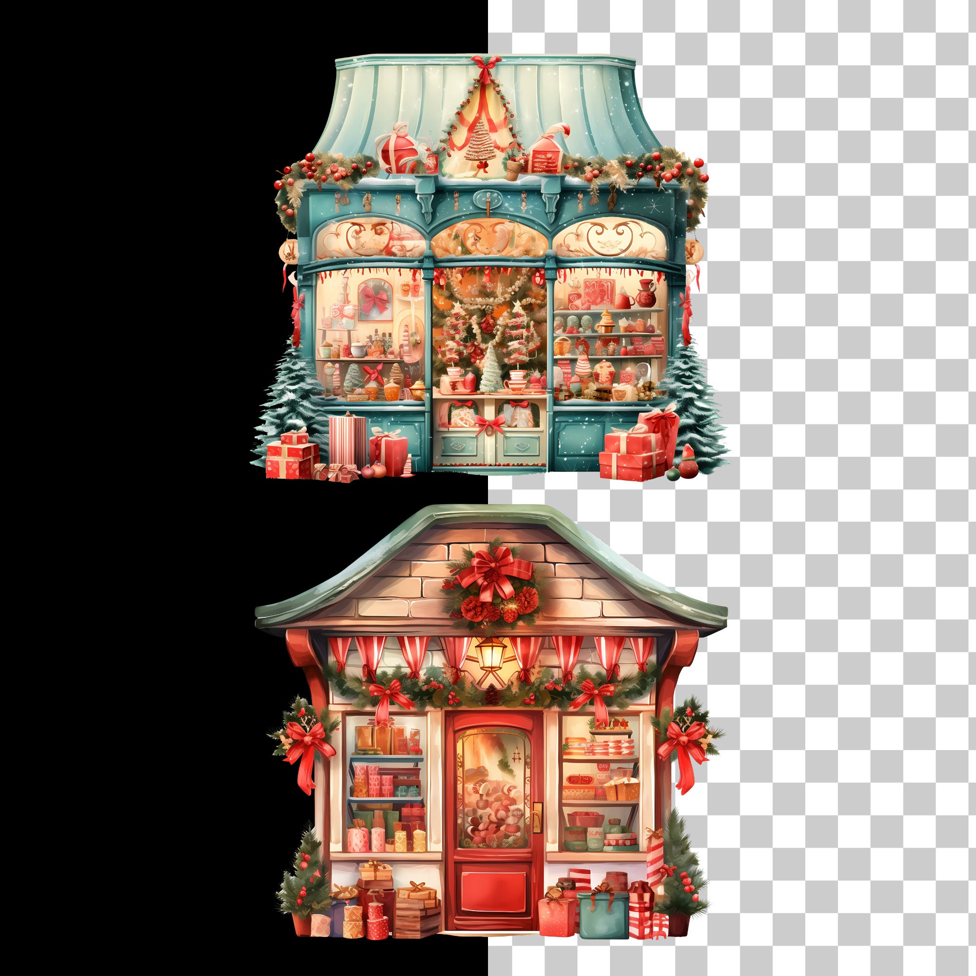 Christmas Storefront Clipart Bundle, 10 PNG, Watercolor Christmas Shop ...