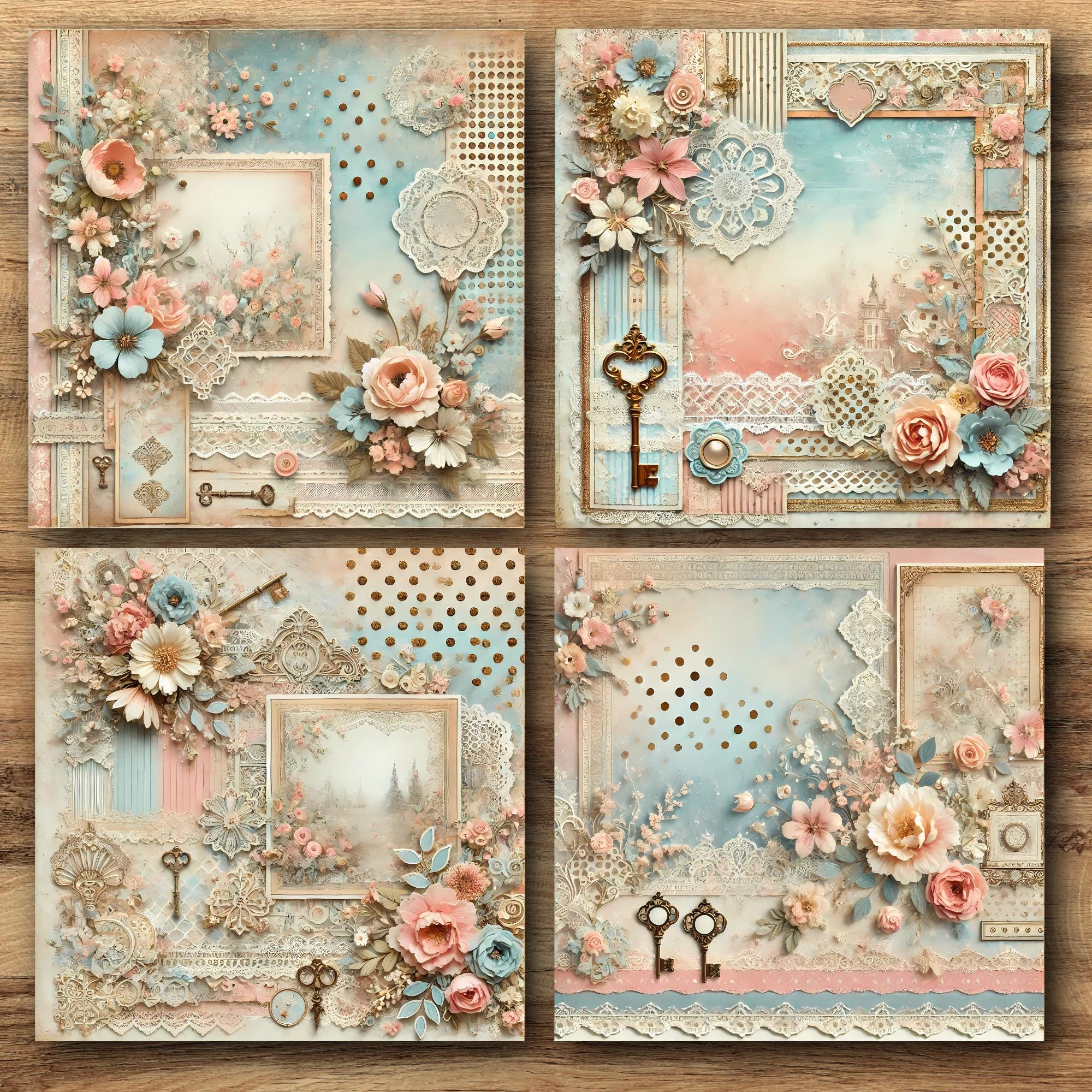 12x12" Vintage Scrapbook Paper, Peach Blue Serenity, Digital Lace ...