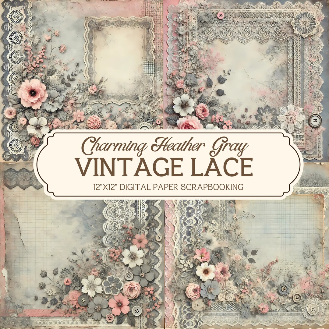 12x12vintage Lace Digital Paper Printable, Charming Heather Gray, Lace ...