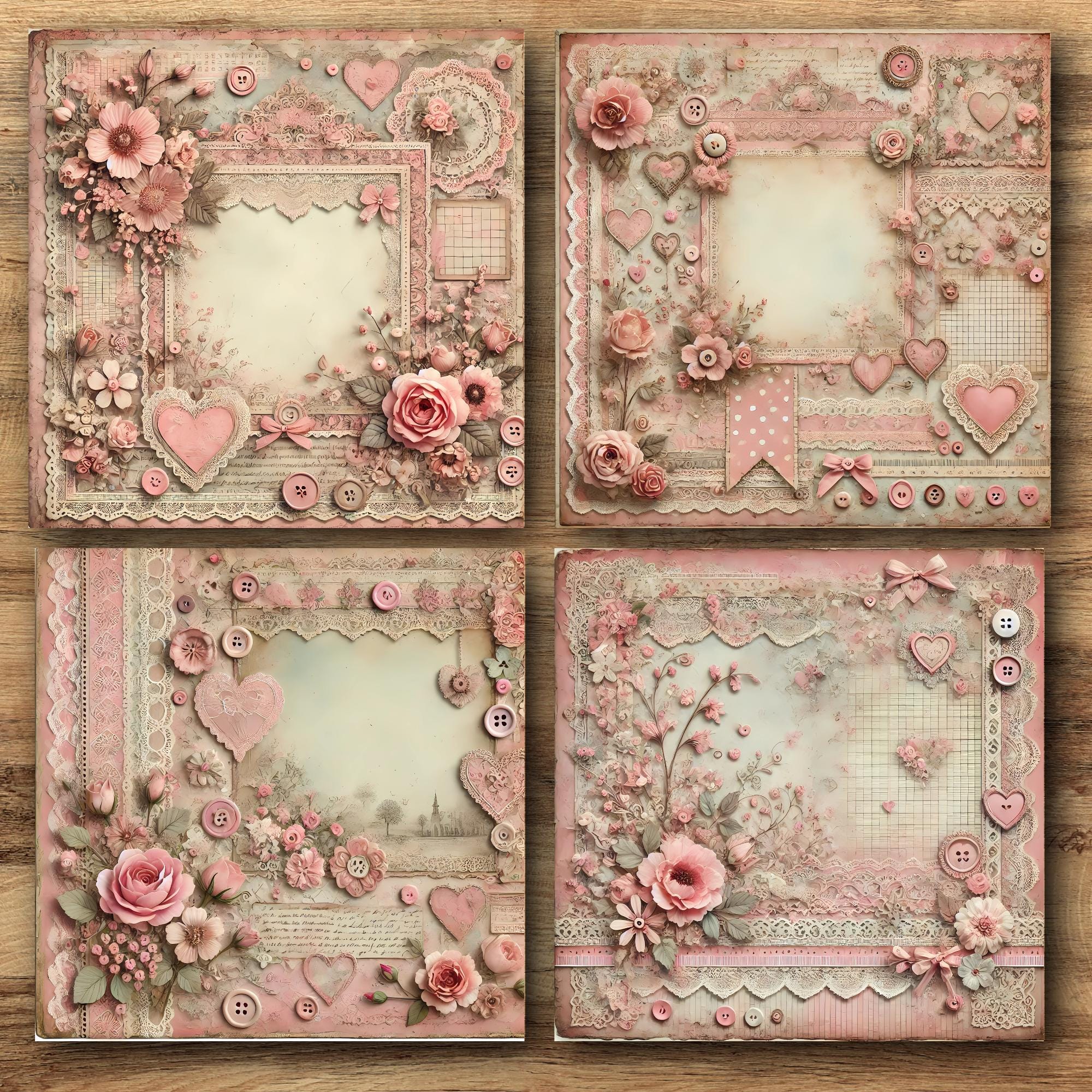12x12" Vintage Scrapbook Paper, Blush Petal Romance, Digital Lace ...