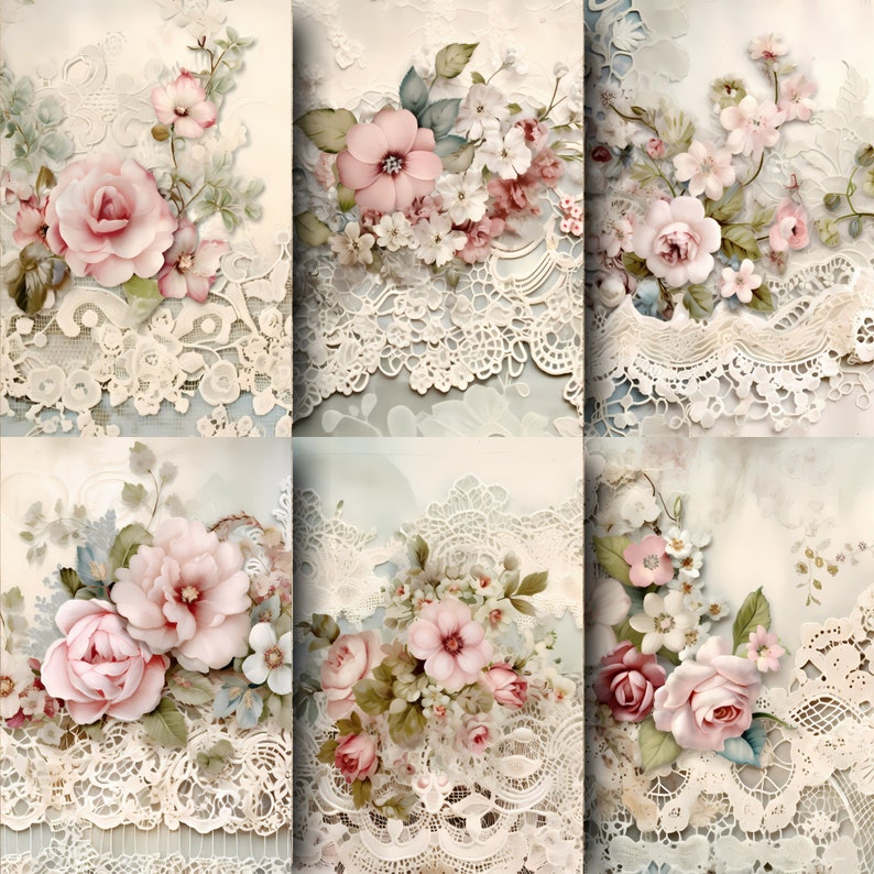 A4 Vintage Lace Digital Paper Printable, Shabby Chic Floral Romance ...