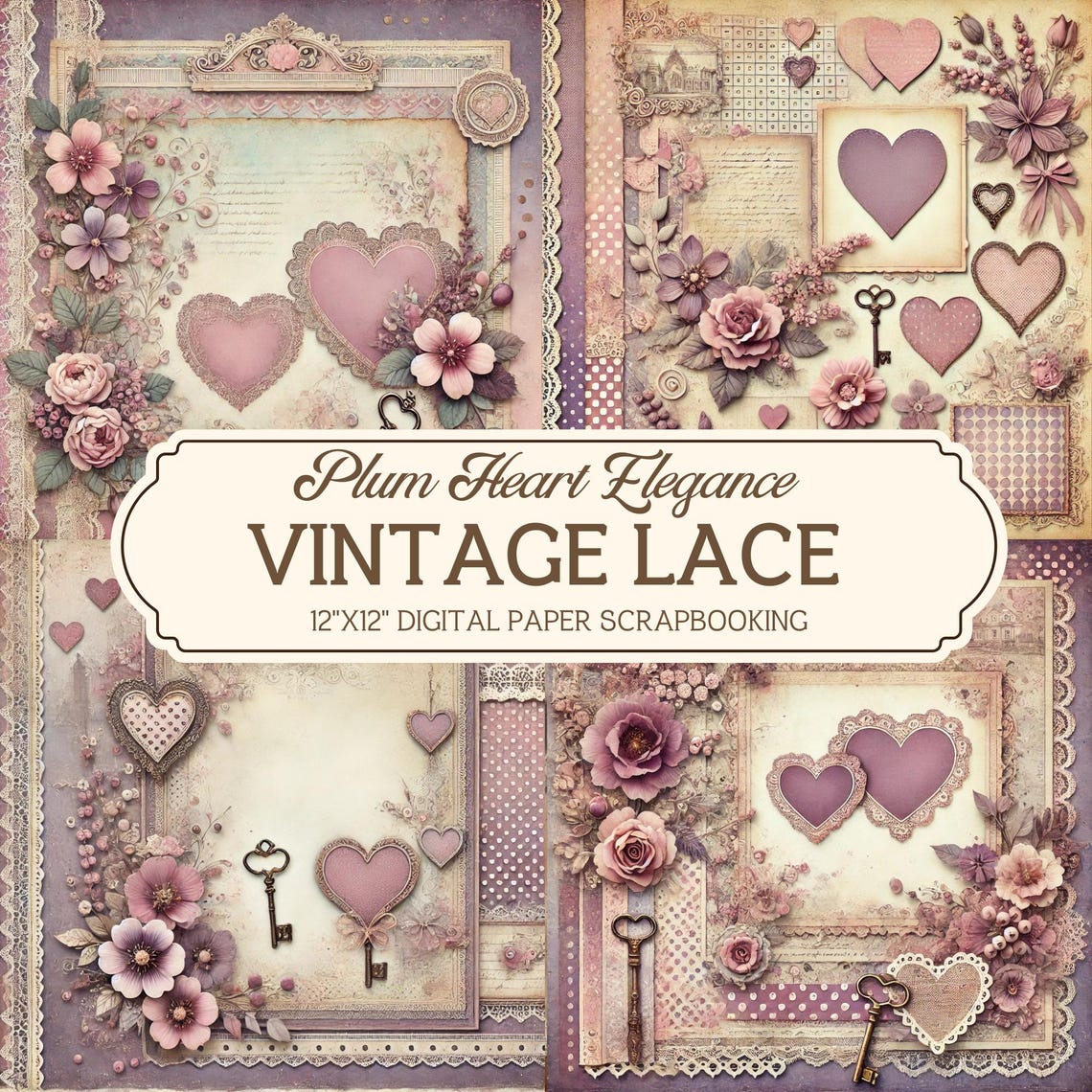 12x12" Vintage Scrapbook Paper, Purple Plum Heart Elegance, Digital ...