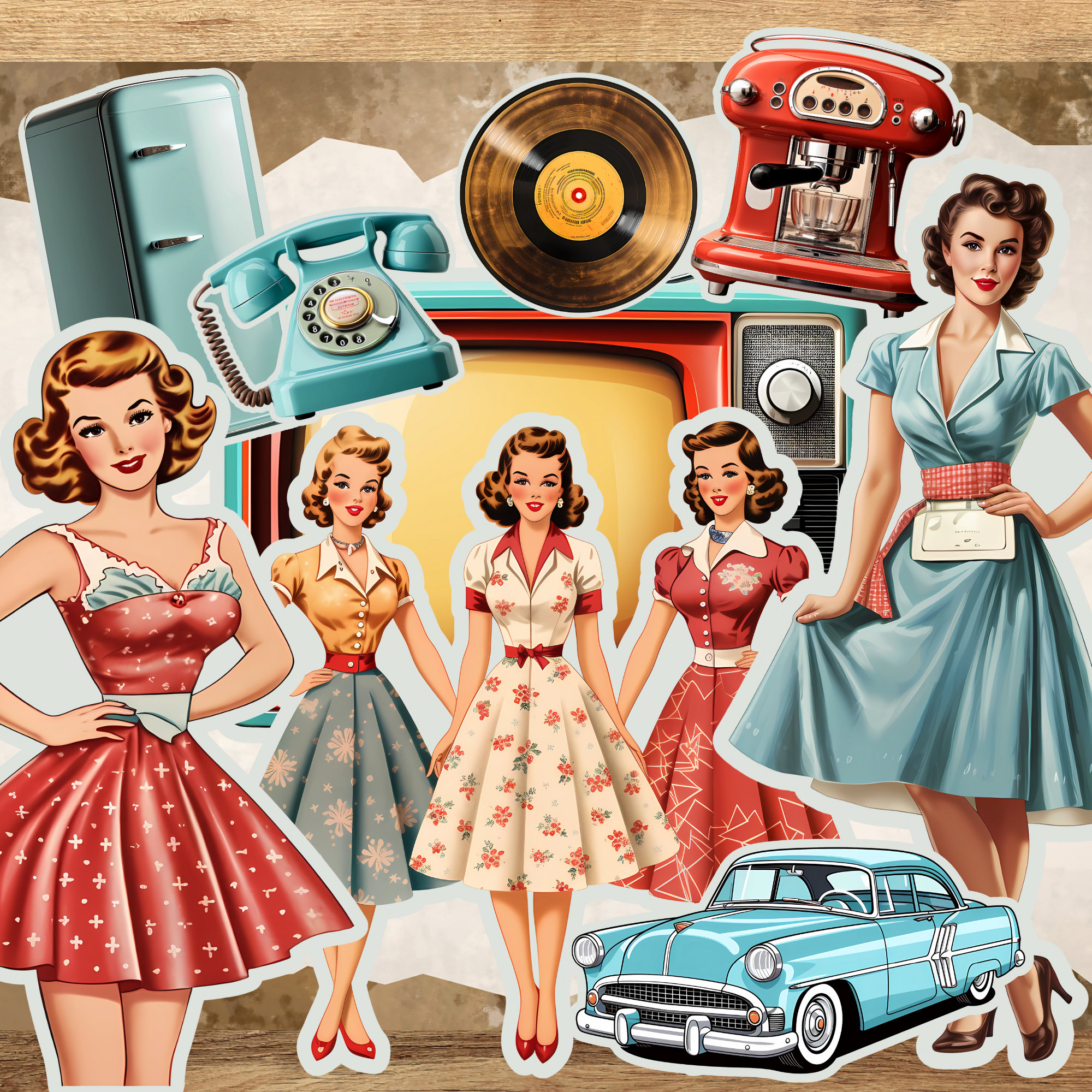 1950s Retro Clipart PNG Bundle: Vintage Junk Journal Kit (digital ...