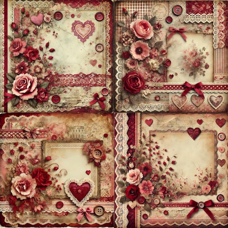 12x12 Vintage Valentines Scrapbook Paper, Crimson Scarlet, Digital Lace ...